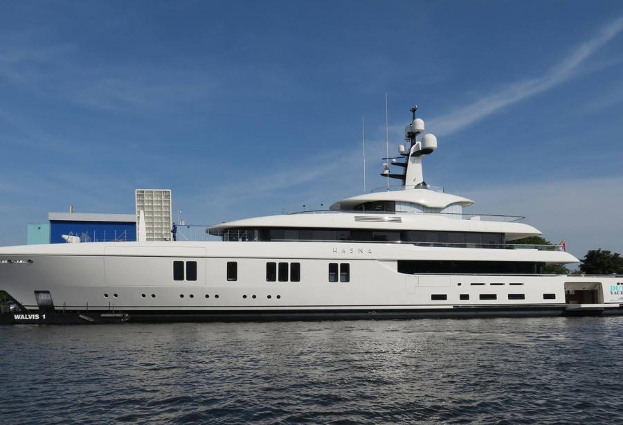 Hasna leaving Feadship Kaag yard - Yacht Harbour