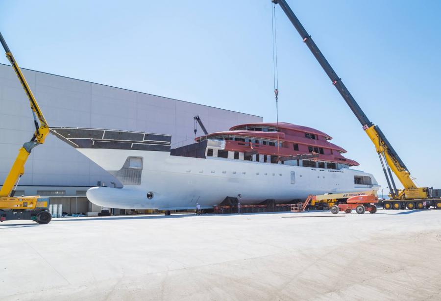 Hull and superstructure joined on Columbus 80m superyacht - Yacht Harbour