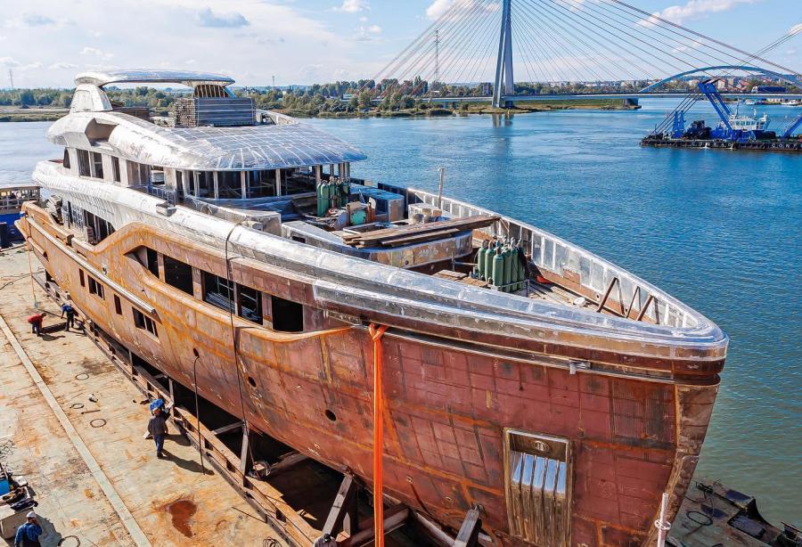 Second Hull of Conrad’s C144S Moved to Outfitting - Yacht Harbour